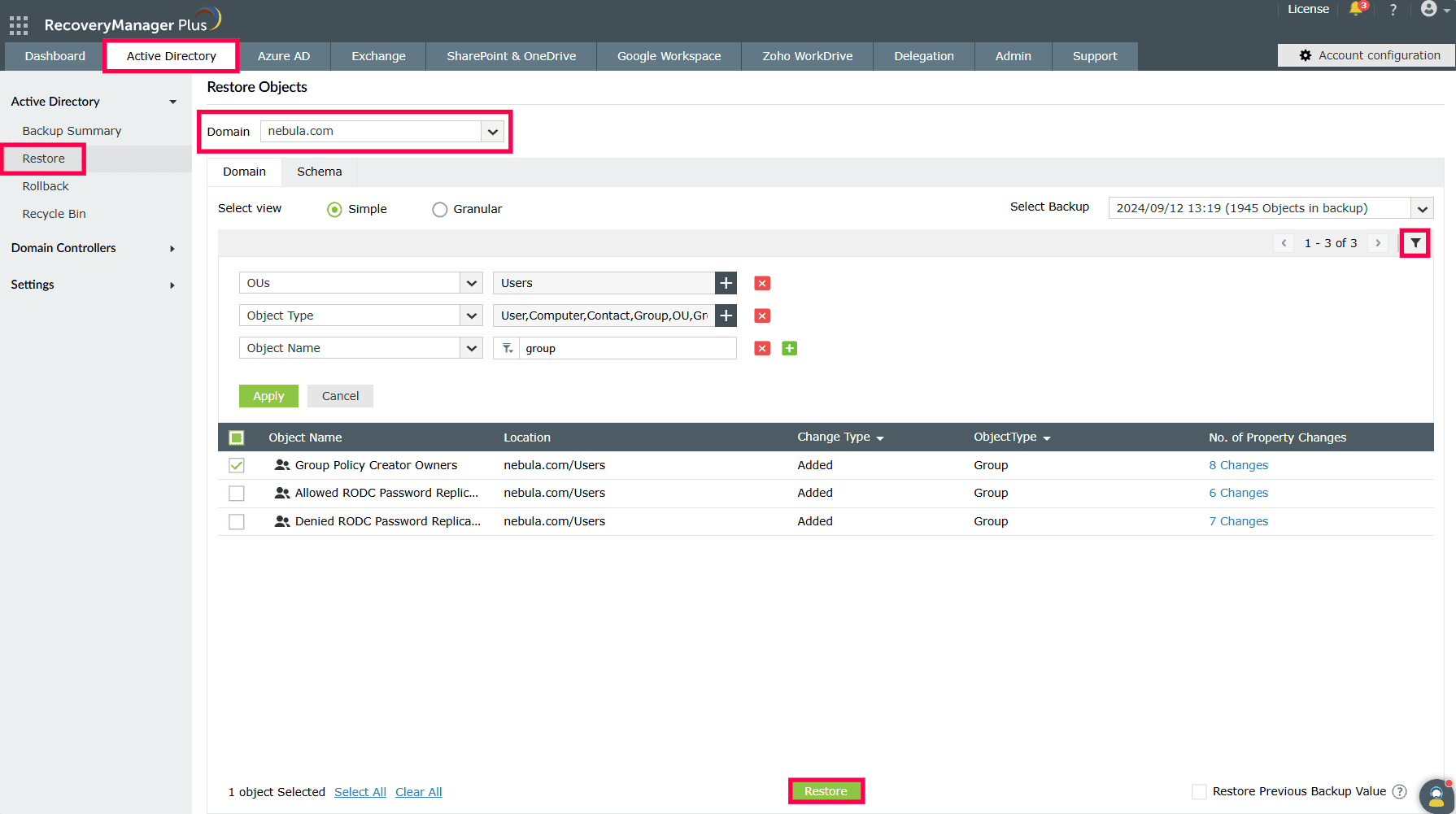 Recover deleted AD groups - ManageEngine RecoveryManager Plus