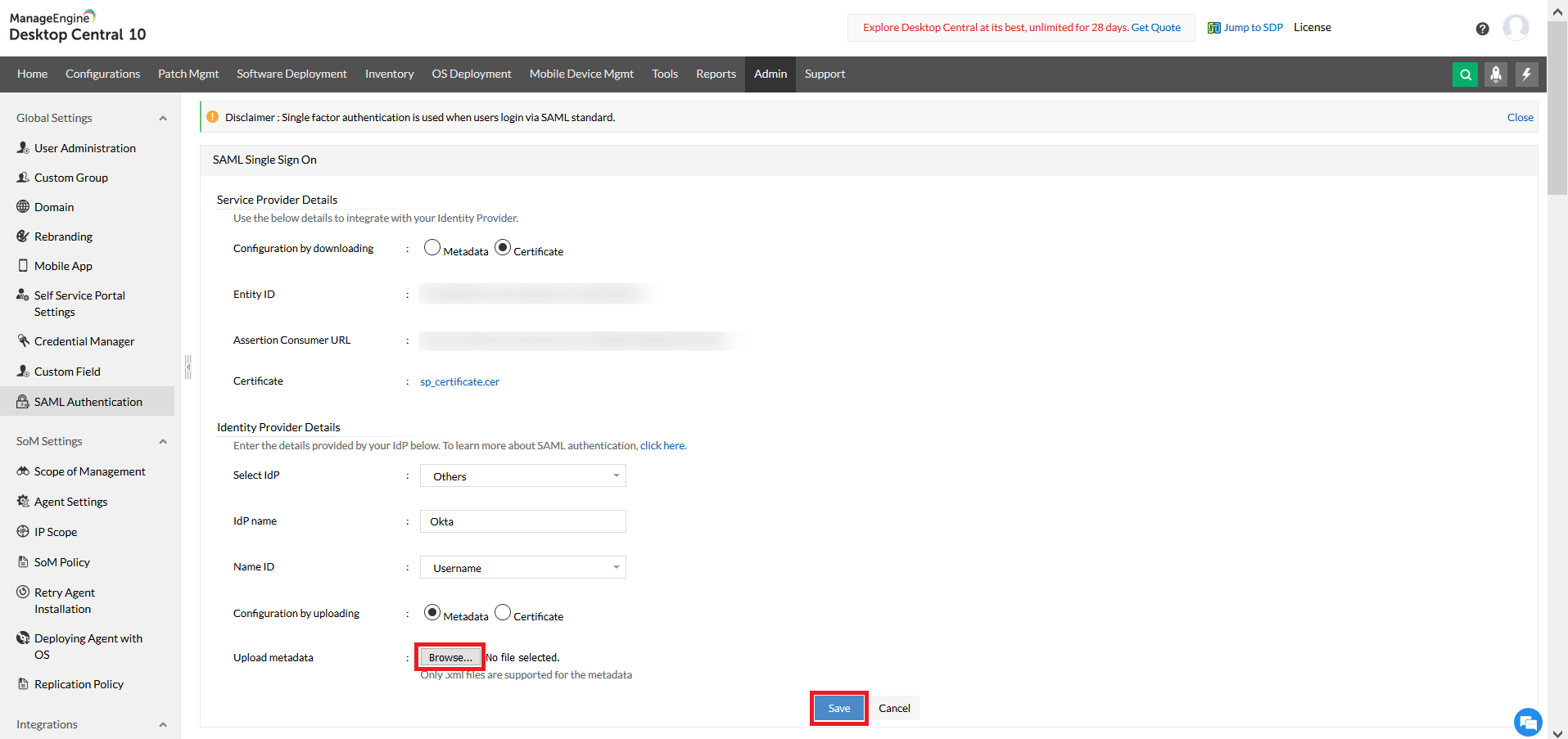 Configuring SAML Authentication settings in Endpoint Central MSP for Okta
