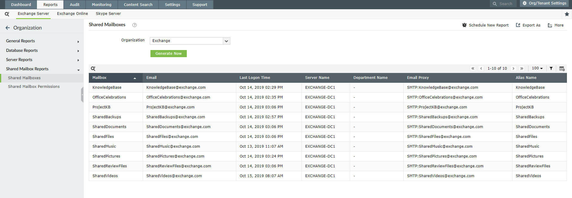 Exchange shared mailbox reporting - ManageEngine Exchange Reporter Plus