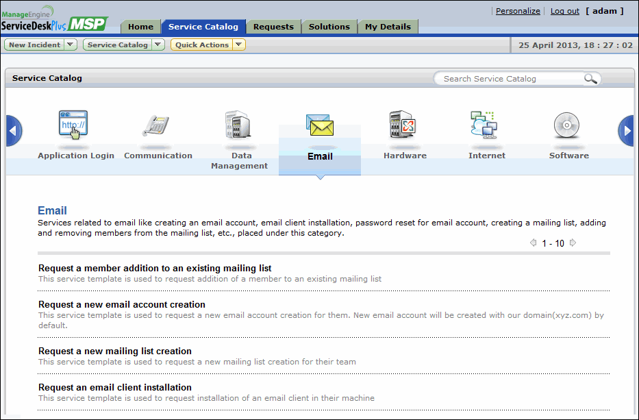 How to create service request using service catalog in ServiceDesk Plus MSP