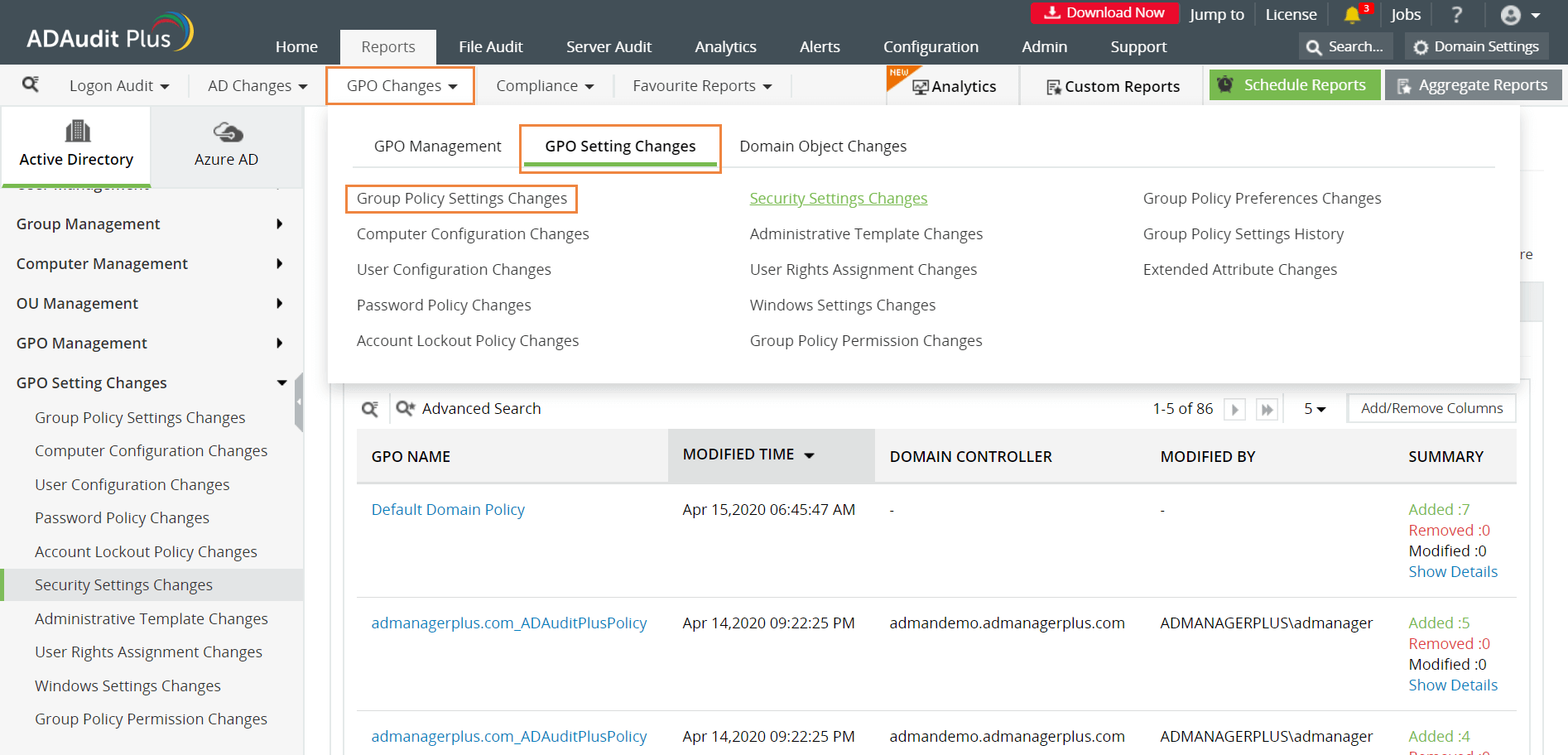Obtenha relatórios de GPO sem PowerShell | ManageEngine ADAudit Plus
