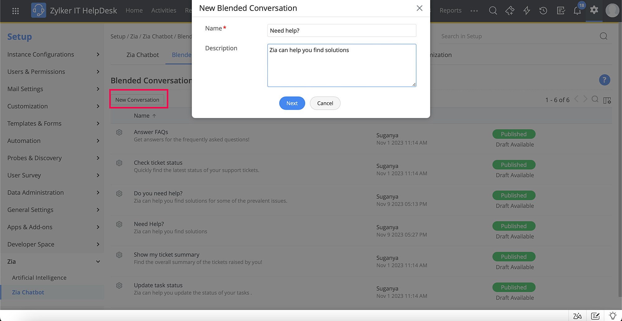 Zia, assistente virtual da Zoho - ServiceDesk Plus