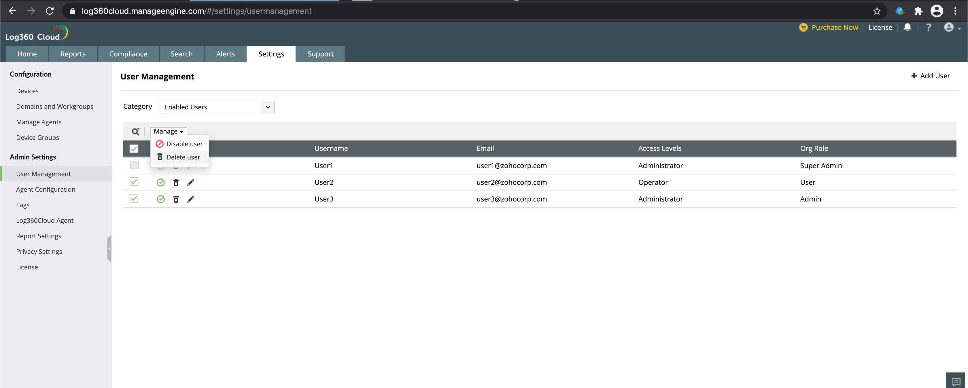 Administration - User Management | Log360 Cloud