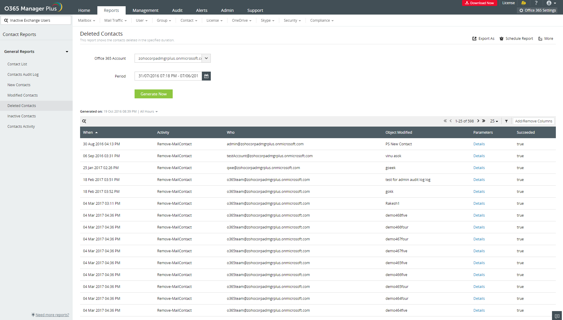 Microsoft 365 Kontaktliste | Microsoft 365 Rapportering | M365 Manager Plus