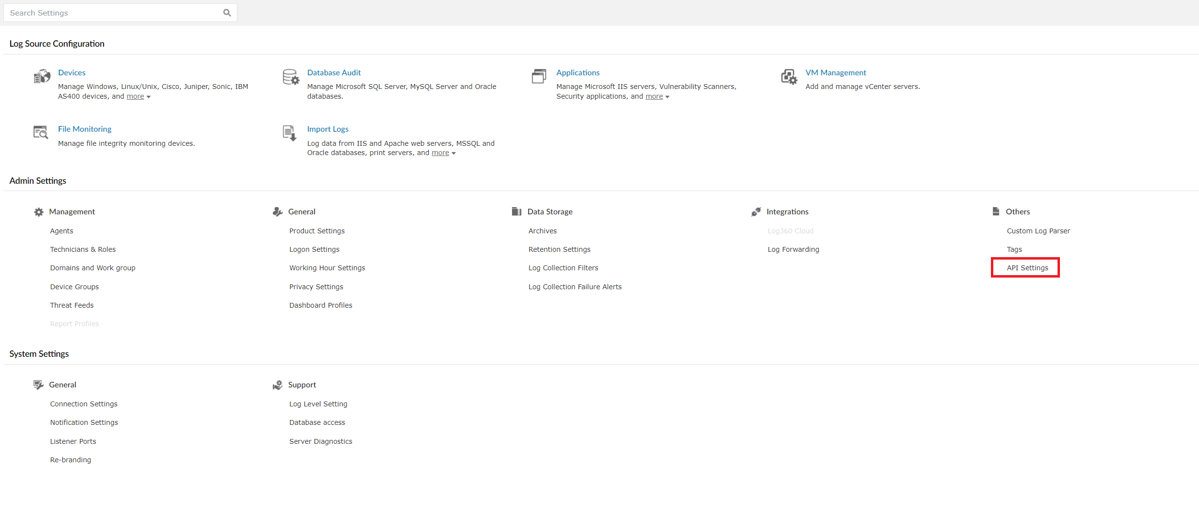 API Settings | ManageEngine Log360