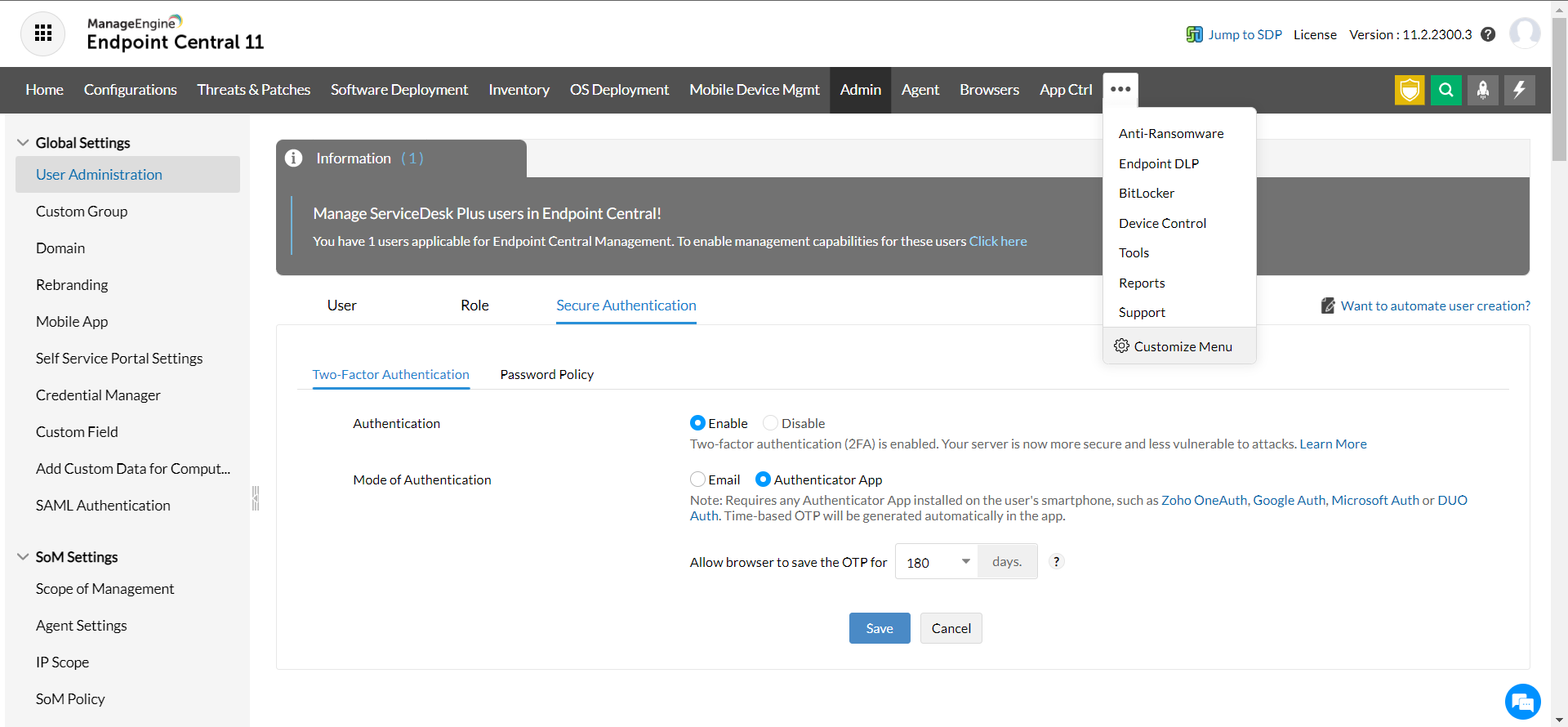 Accès sécurisé à Endpoint Central avec l’authentification à deux facteurs | ManageEngine ...