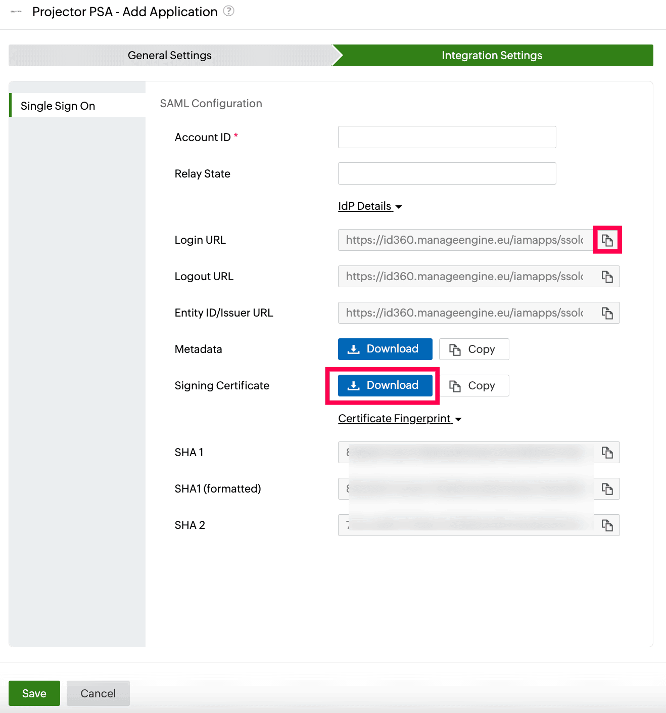 Configuring SAML SSO for Projector PSA in Identity360