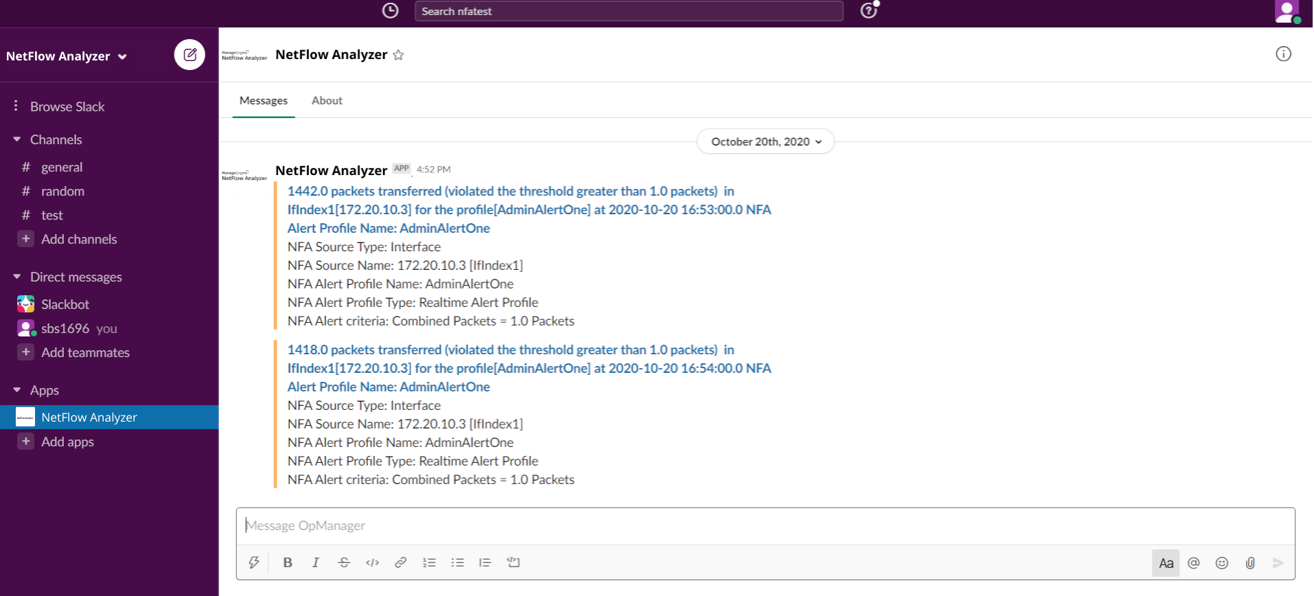 NetFlow Analyzer-Slack Integration | ManageEngine NetFlow Analyzer