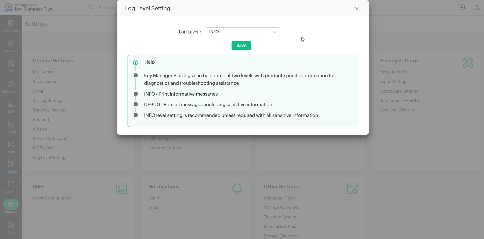 Log Level Settings - Key Manager Plus