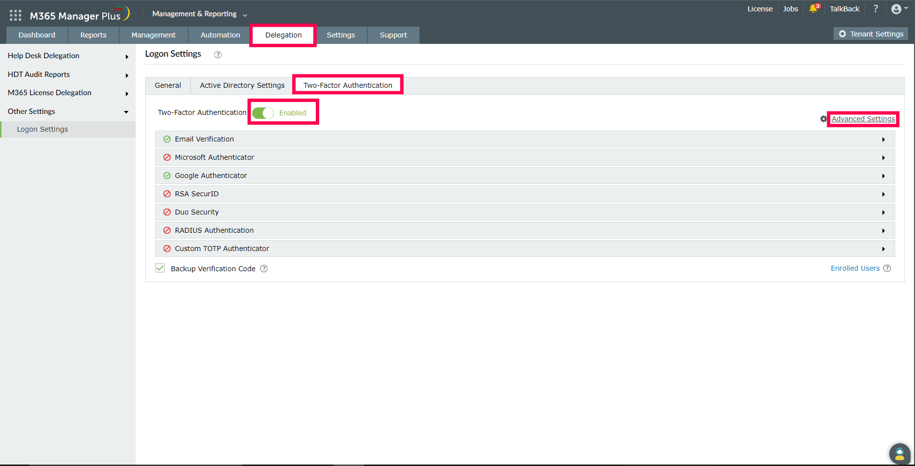 Two Factor Authentication M365 Manager Plus Help