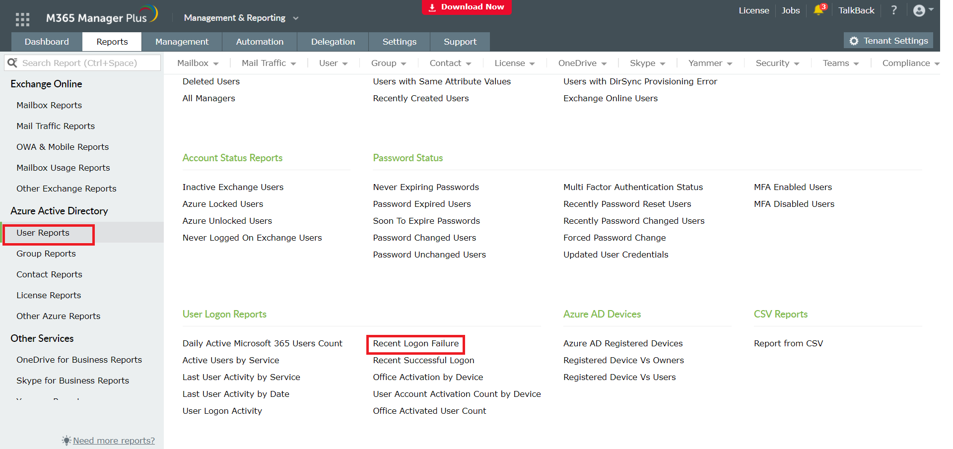 Detect brute force attacks | M365 Manager Plus