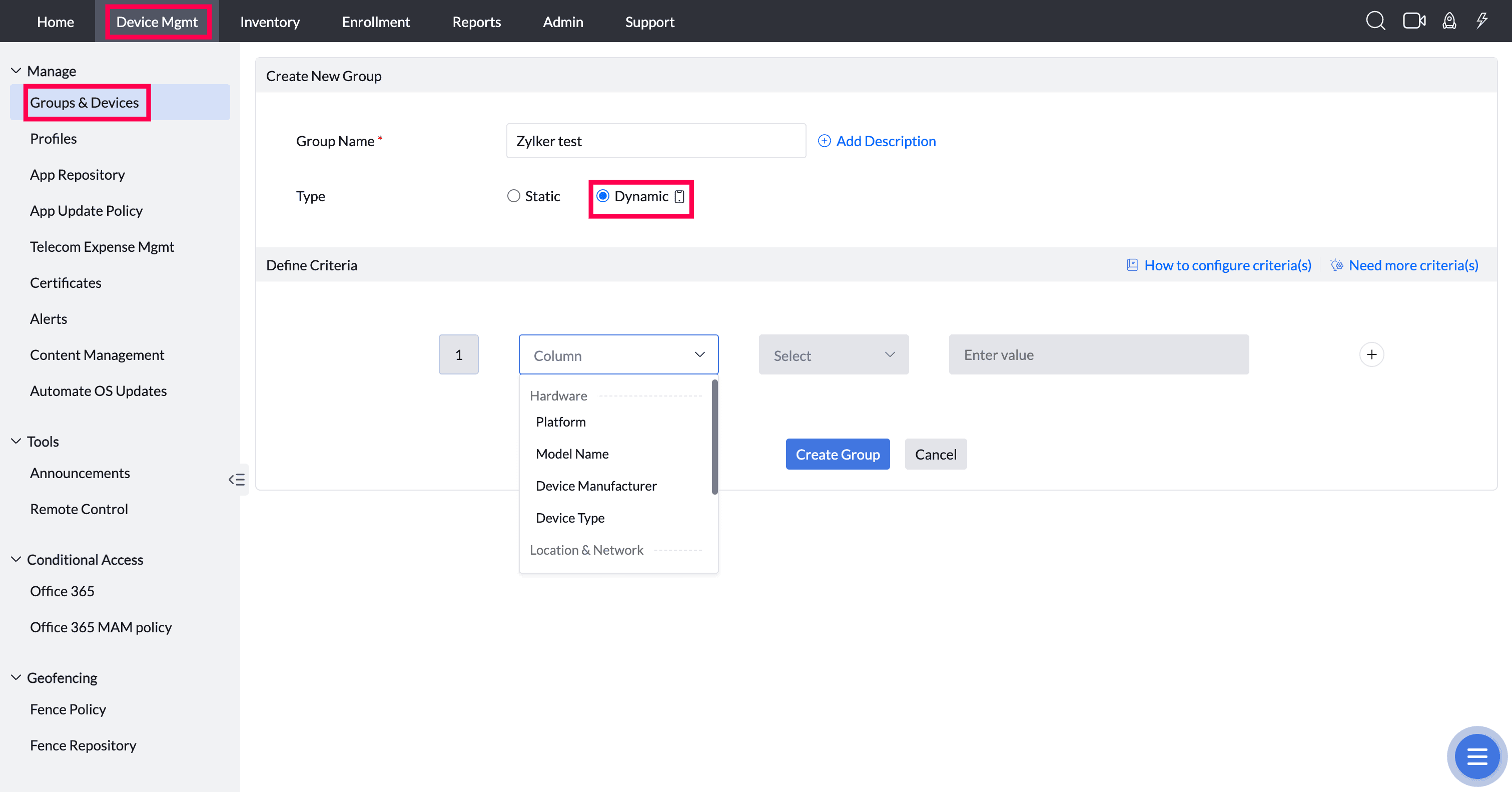 Dynamic Groups | ManageEngine Mobile Device Manager Plus