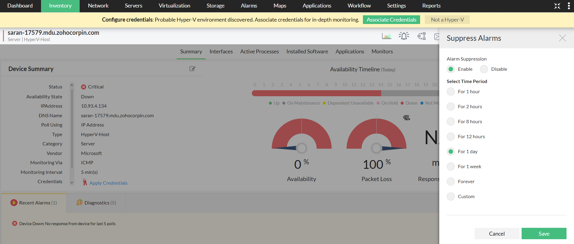 Suppress Alarms | OpManager Help