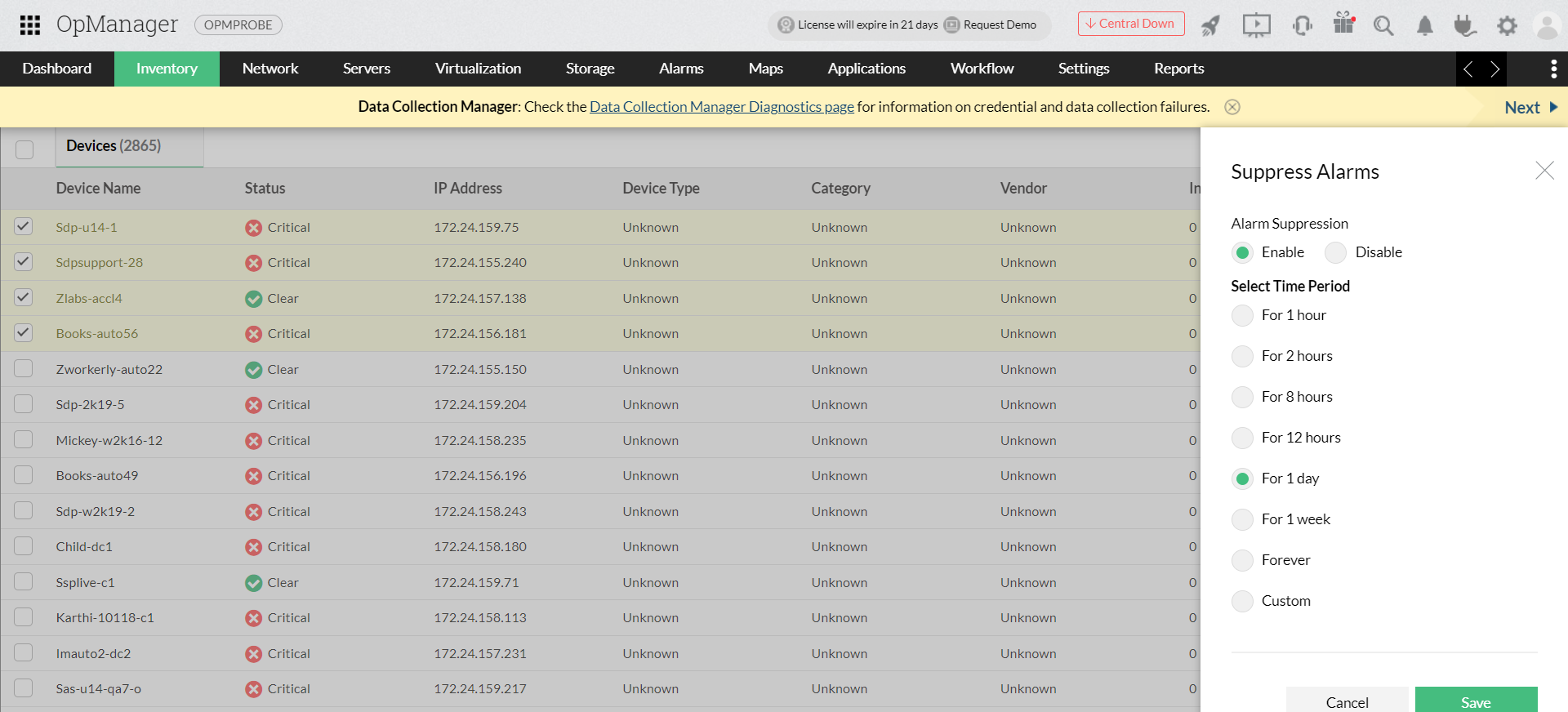 Suppress Alarms | OpManager Help