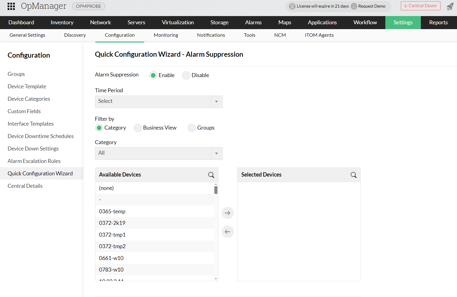 Suppress Alarms | OpManager Help