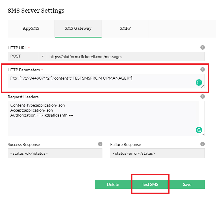 SMS Server Settings | OpManager Plus Help
