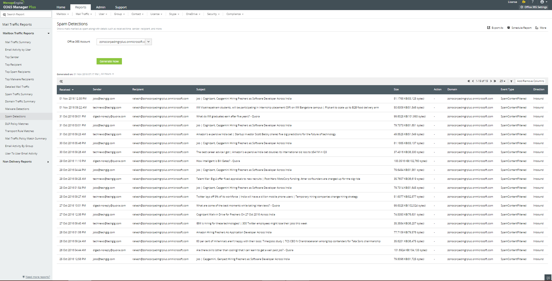 [KB] Drill down Mail Traffic Statistics with O365 Manager Plus.