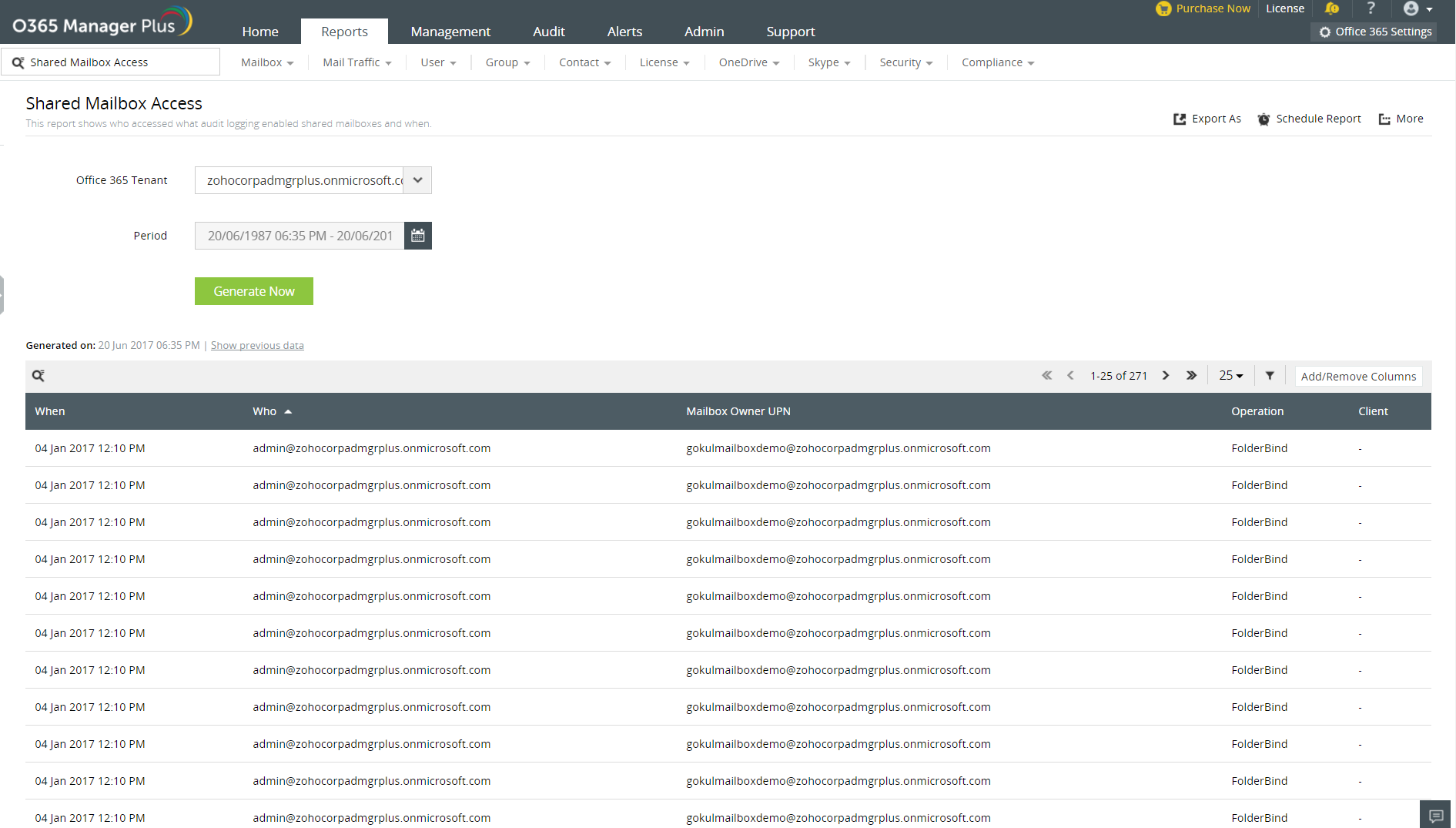 Office 365 shared mailbox report | O365 Manager Plus