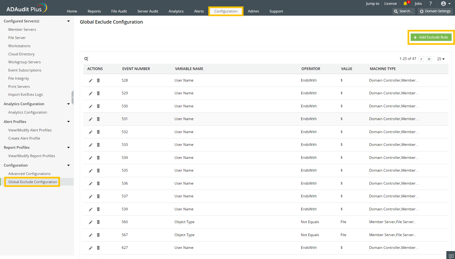 Global Exclude Configuration General Configuration Adaudit Plus 5474