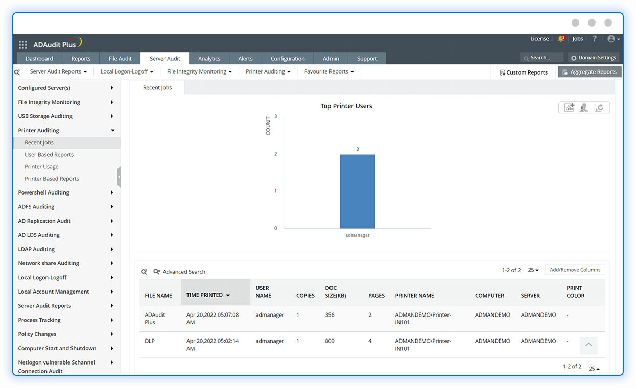 Print server monitoring tool | ManageEngine ADAudit Plus