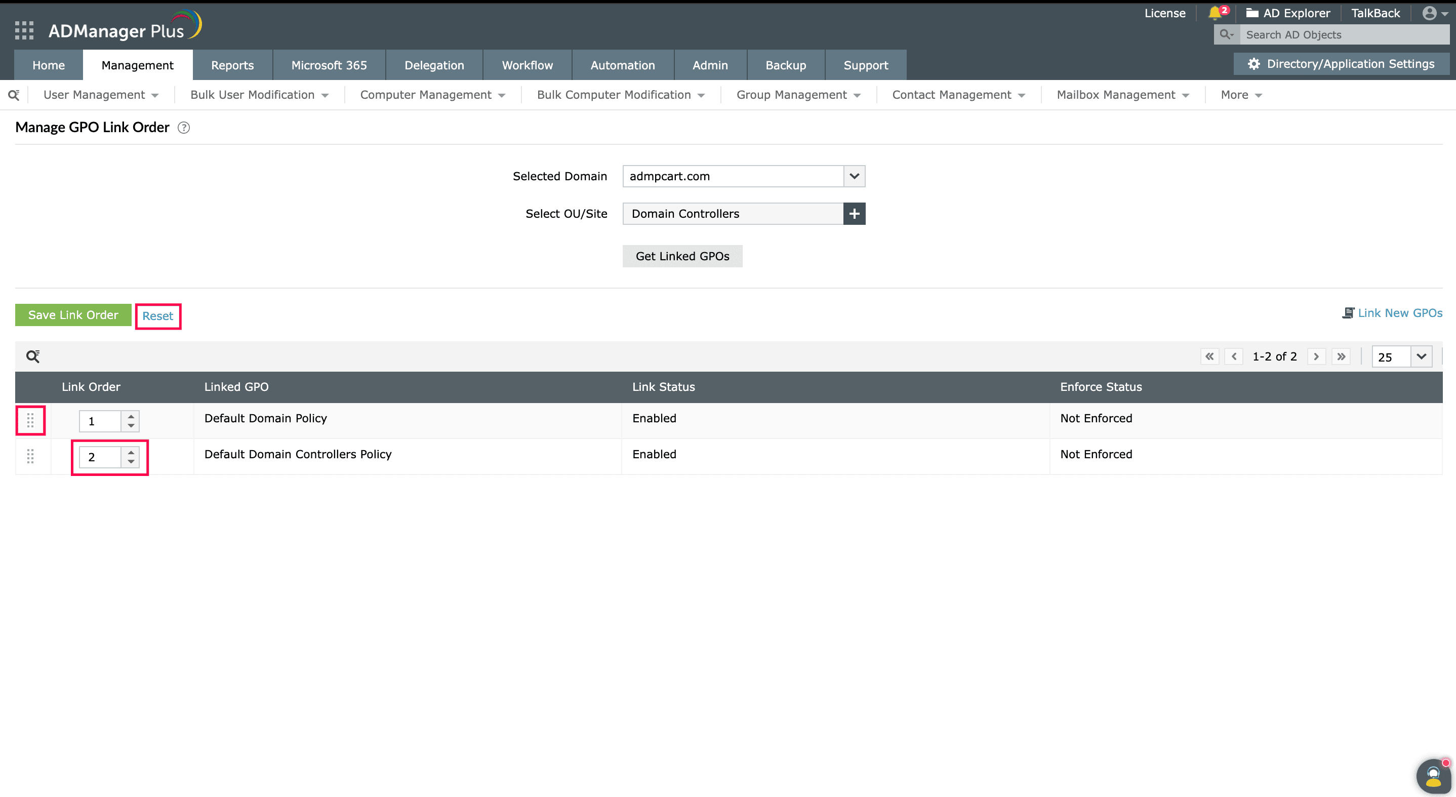 How to change GPO link order - ADManager Plus