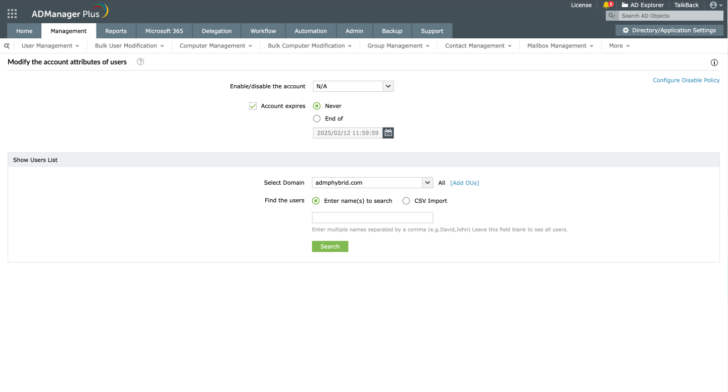 Set Active Directory accounts to never expire using PowerShell and ADManager Plus