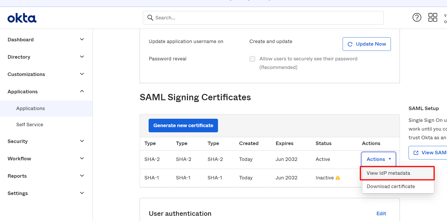 Configuring SAML Authentication settings in Endpoint Central for Okta