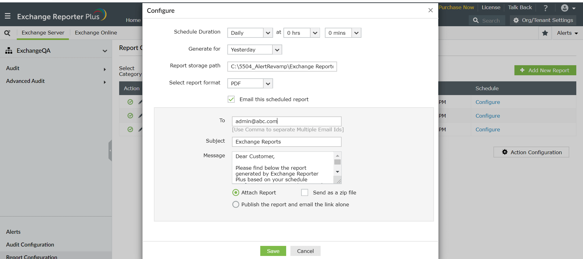 Report Configuration | ManageEngine Exchange Reporter Plus