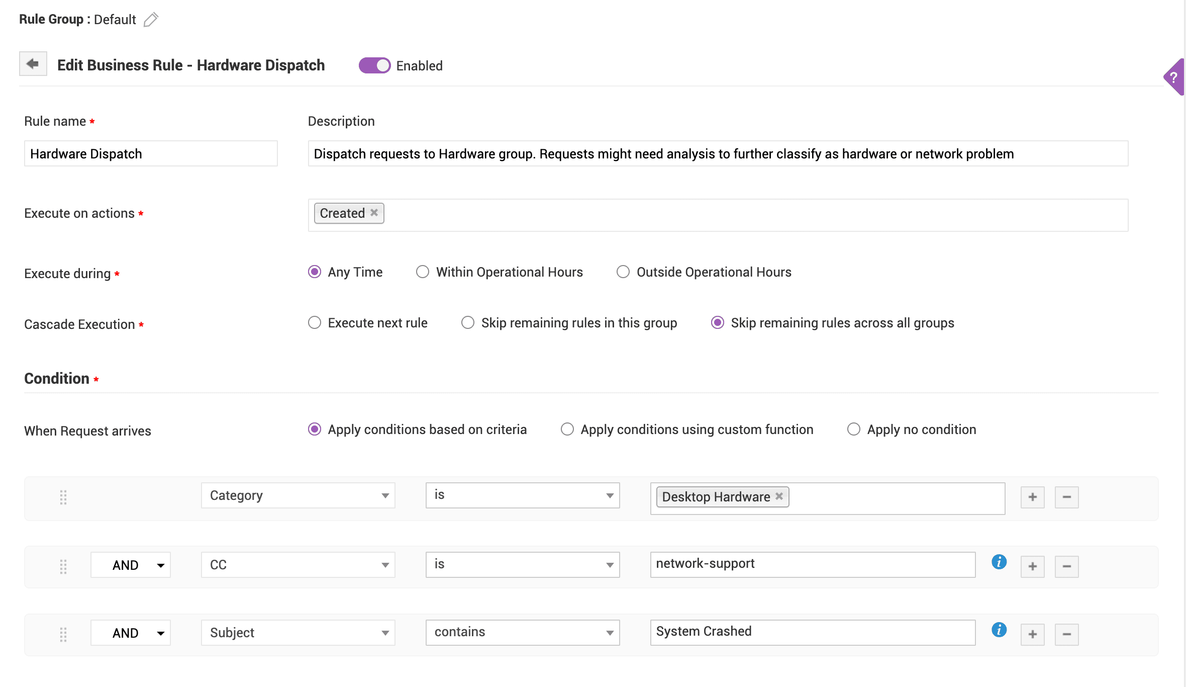 Business Rules for ticket automation in ServiceDesk Plus MSP