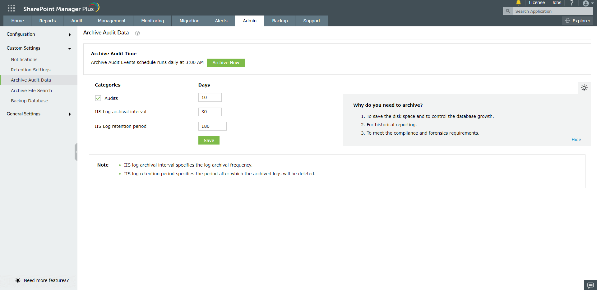 How to Archive Audit Data in SharePoint | SharePoint Manager Plus - Help