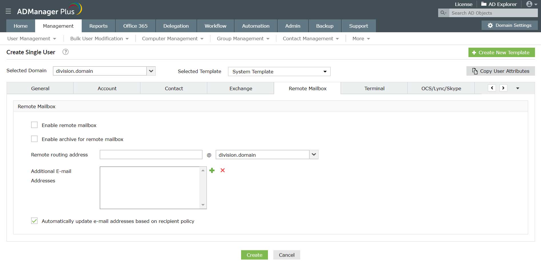 Crie caixas de e-mail remotas em massa com ações baseadas em GUI